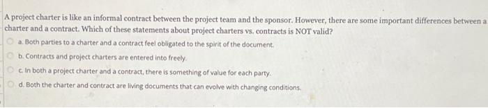 Solved A project charter is like an informal contract | Chegg.com