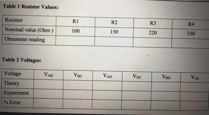 Table 1 Resistor Values: R1 R2 R3 R4 Resistor Nominal | Chegg.com
