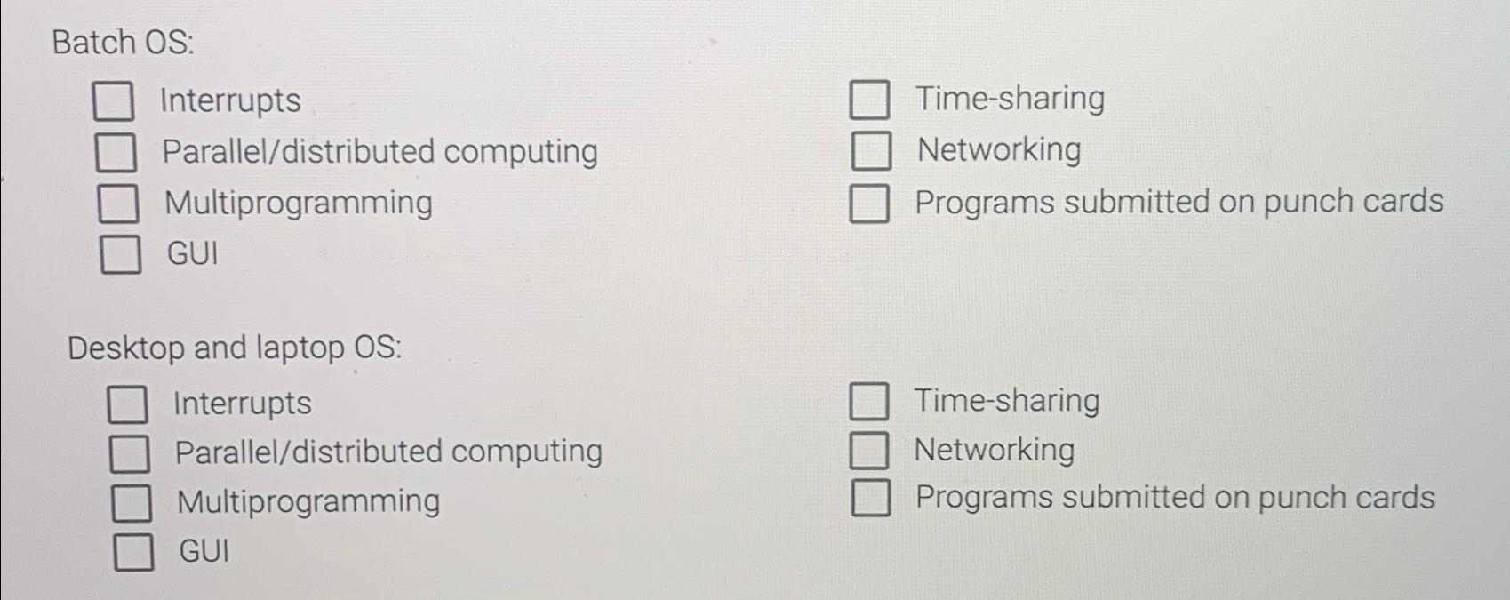 Solved Batch OS:InterruptsTime-sharingParallel/distributed | Chegg.com