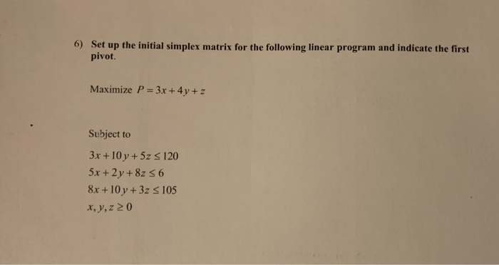 Solved 6) Set up the initial simplex matrix for the | Chegg.com