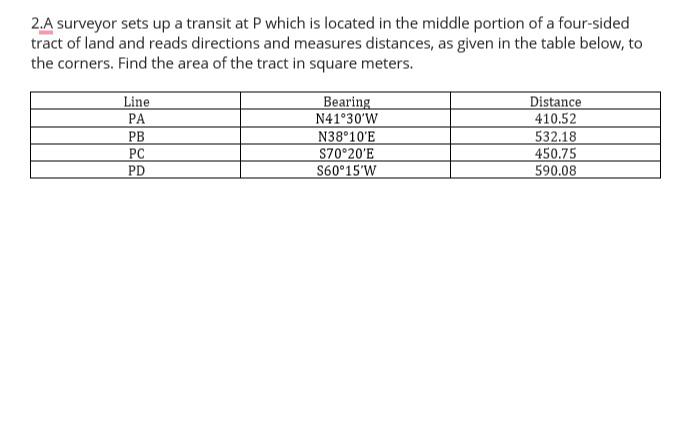 Solved 2.A surveyor sets up a transit at P ﻿which is located | Chegg.com