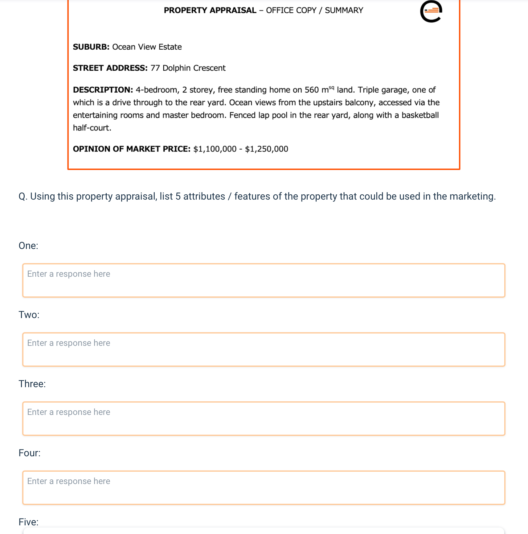 Solved PROPERTY APPRAISAL - ﻿OFFICE COPY / ﻿SUMMARYSUBURB: | Chegg.com