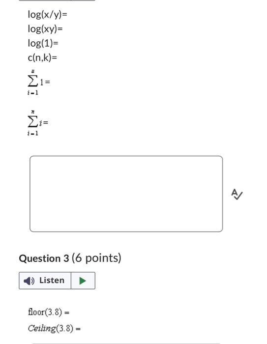 Solved log(x/y)= log(xy)= log(1)= c(n,k)= ∑i=121= ∑i=1n= | Chegg.com