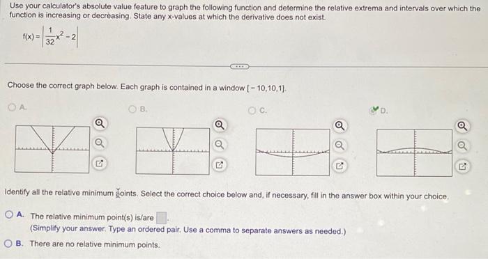 Solved Use your calculator's absolute value feature to graph | Chegg.com