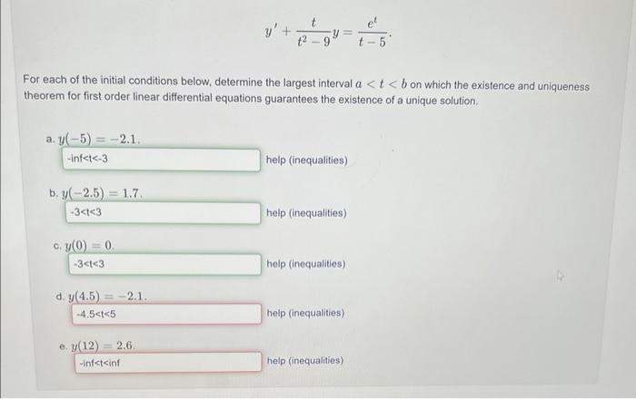 Solved y′+t2−9ty=t−5et Eor each of the initial conditions | Chegg.com