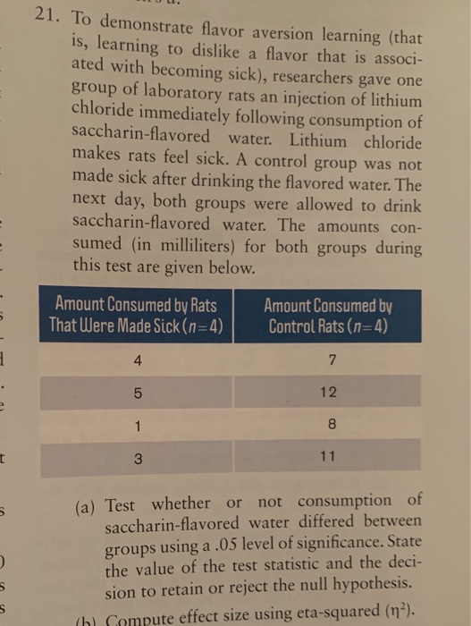 Solved 21. To demonstrate flavor aversion learning (that is, | Chegg.com
