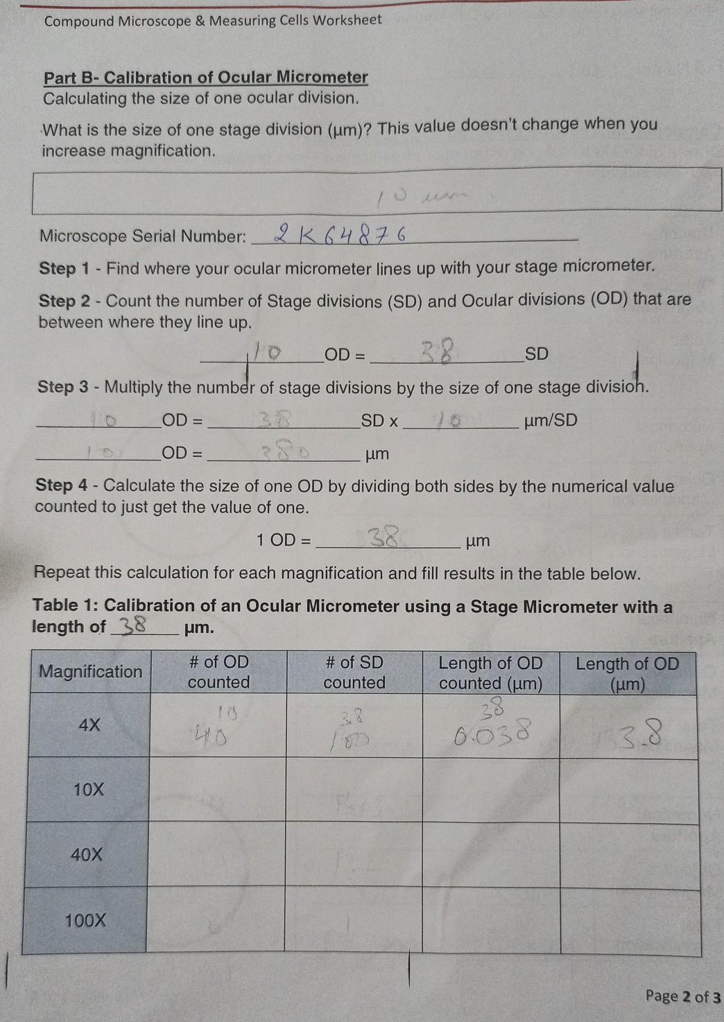 Compound Microscope & Measuring Cells Worksheet Part | Chegg.com