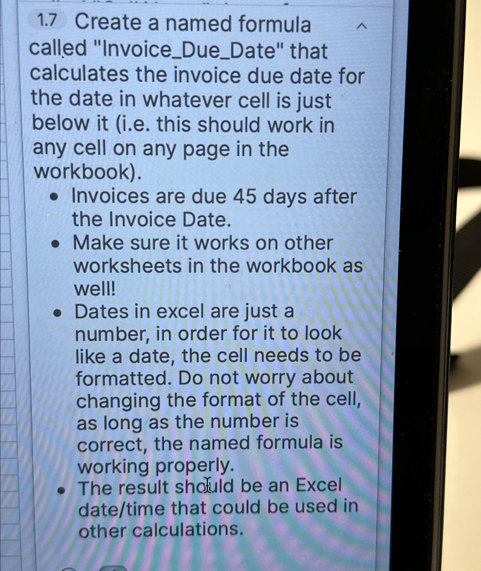 Solved 1.7 ﻿Create a named formula called "Invoice_Due_Date" | Chegg.com