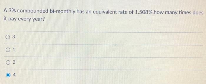 Solved A 3% compounded bi-monthly has an equivalent rate of | Chegg.com