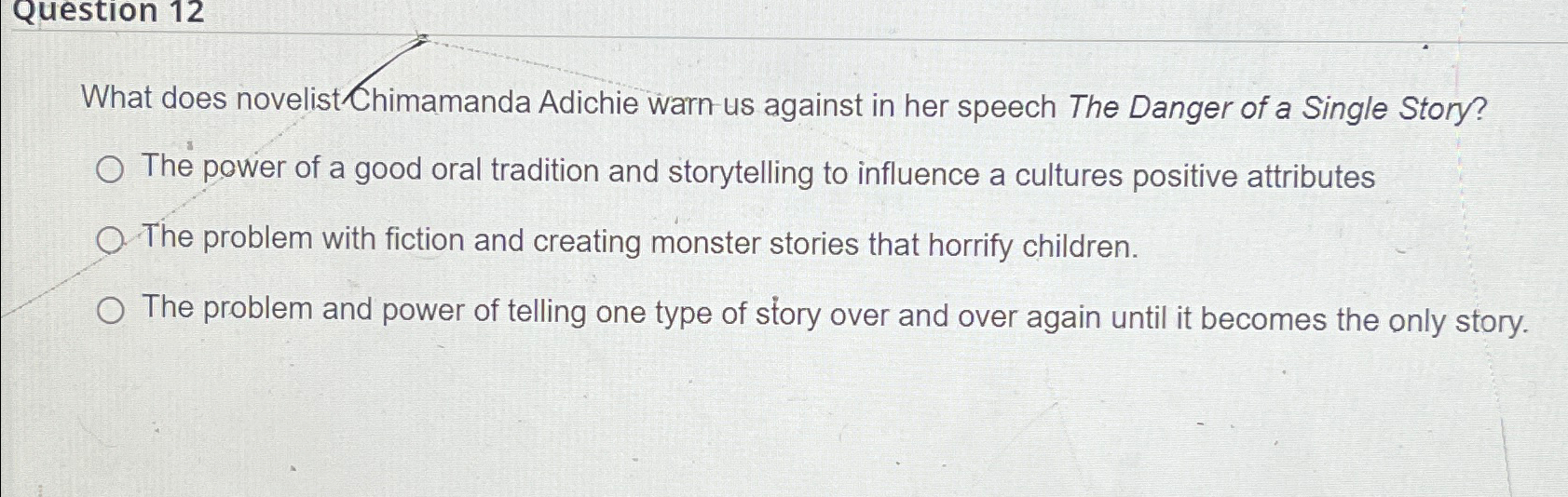 Solved Question 12What does novelist Chimamanda Adichie | Chegg.com