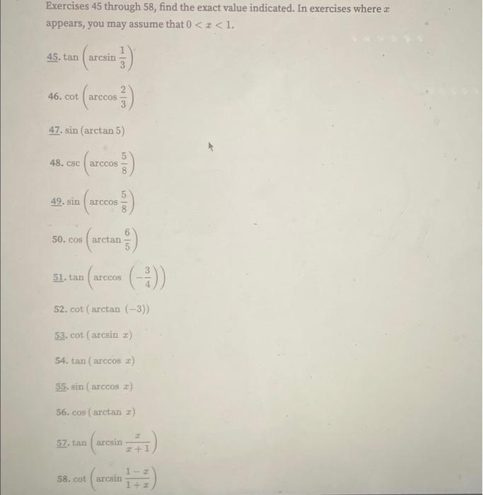 Solved Exercises 45 through 58, find the exact value | Chegg.com