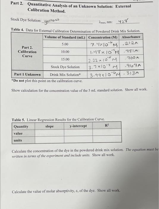Part 2. Quantitative Analysis of an Unknown Solution: | Chegg.com