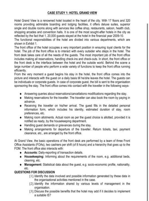 Solved CASE STUDY 1: HOTEL GRAND VIEW Hotel Grand View is a | Chegg.com
