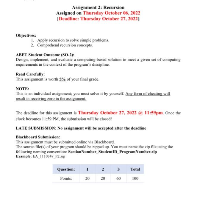 Solved Assignment 2: Recursion Assigned on Thursday October | Chegg.com