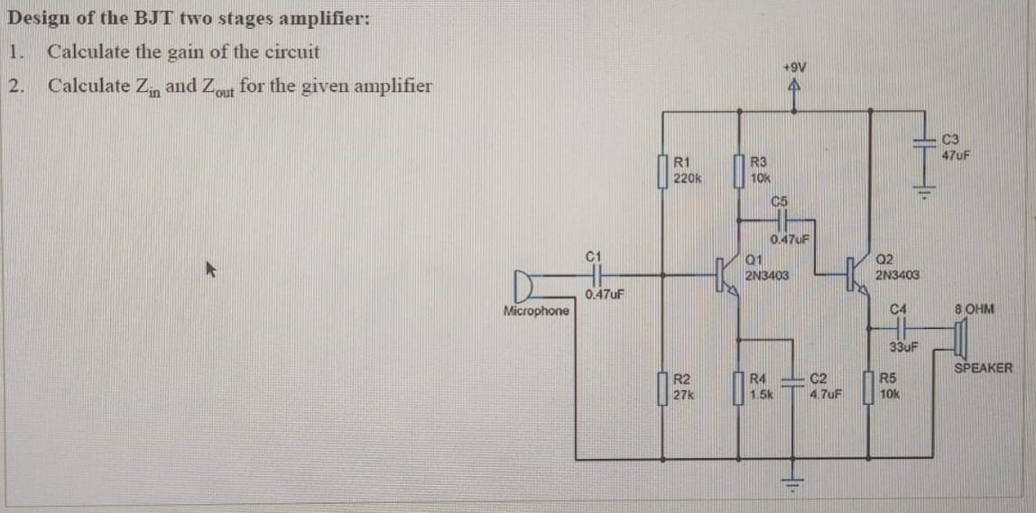 Solved Design of the BJT two stages amplifier:Calculate the | Chegg.com