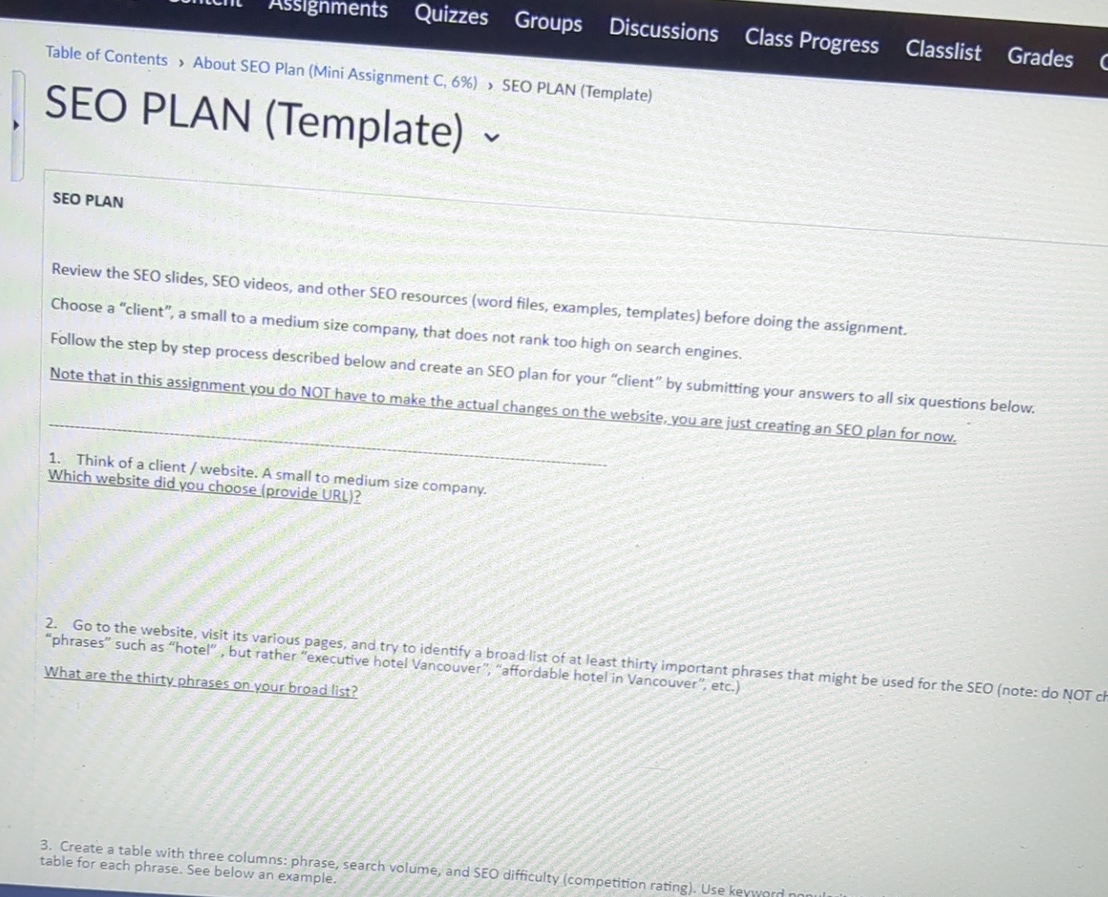 Solved Table of Contents , ﻿About SEO Plan (Mini Assignment | Chegg.com