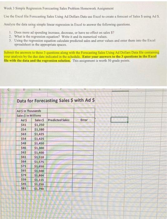 Solved Weck 3. Simple Regression Forecasting Sales Problem | Chegg.com