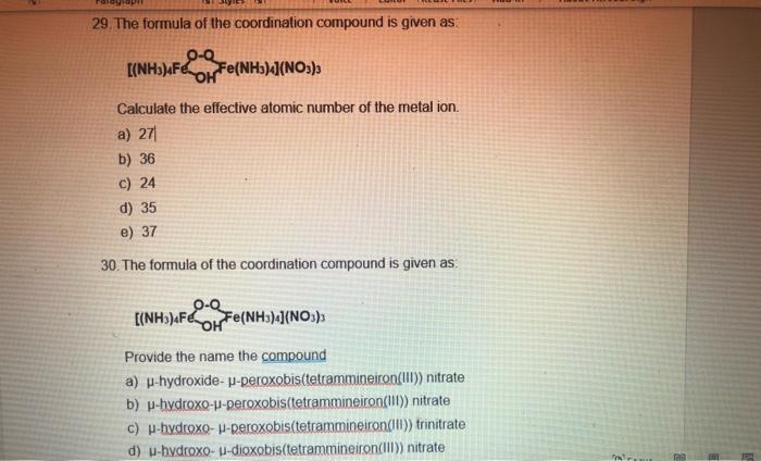 Solved 29. The formula of the coordination compound is given | Chegg.com