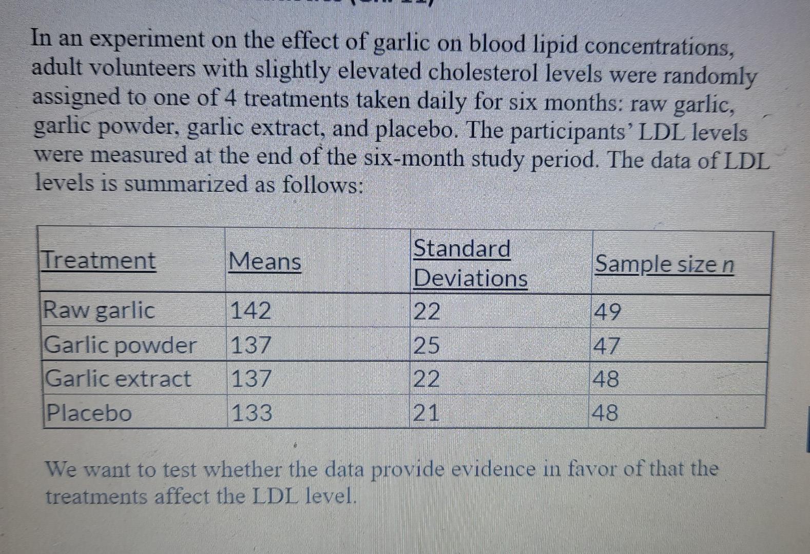 Solved In an experiment on the effect of garlic on blood | Chegg.com