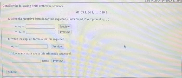 Solved Consider the following finite arithmetio sequence: | Chegg.com