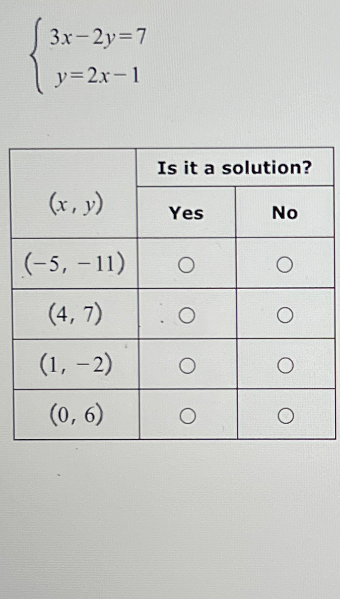 Solved 3x-2y=7y=2x-1\table[[(x,y),Is it a | Chegg.com