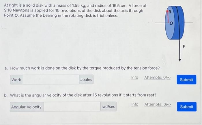 Solved At right is a solid disk with a mass of 1.55 kg, and | Chegg.com