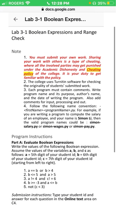 Solved 35% ROGERS 12:28 PM docs.google.com { Lab 3-1 Boolean | Chegg.com