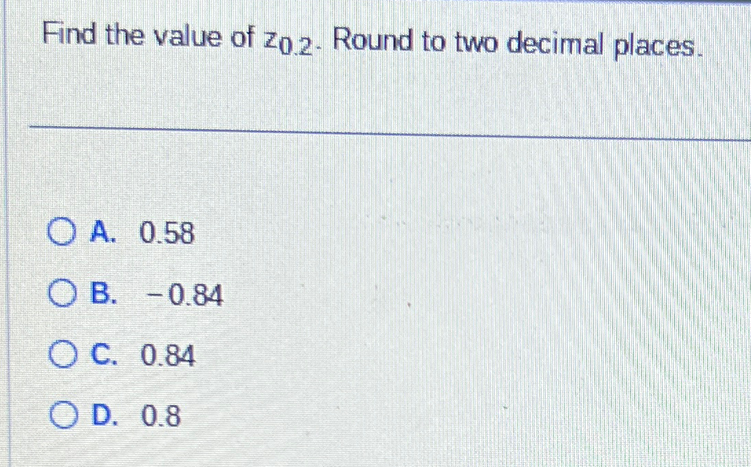 Find the value of z0.2. ﻿Round to two decimal | Chegg.com