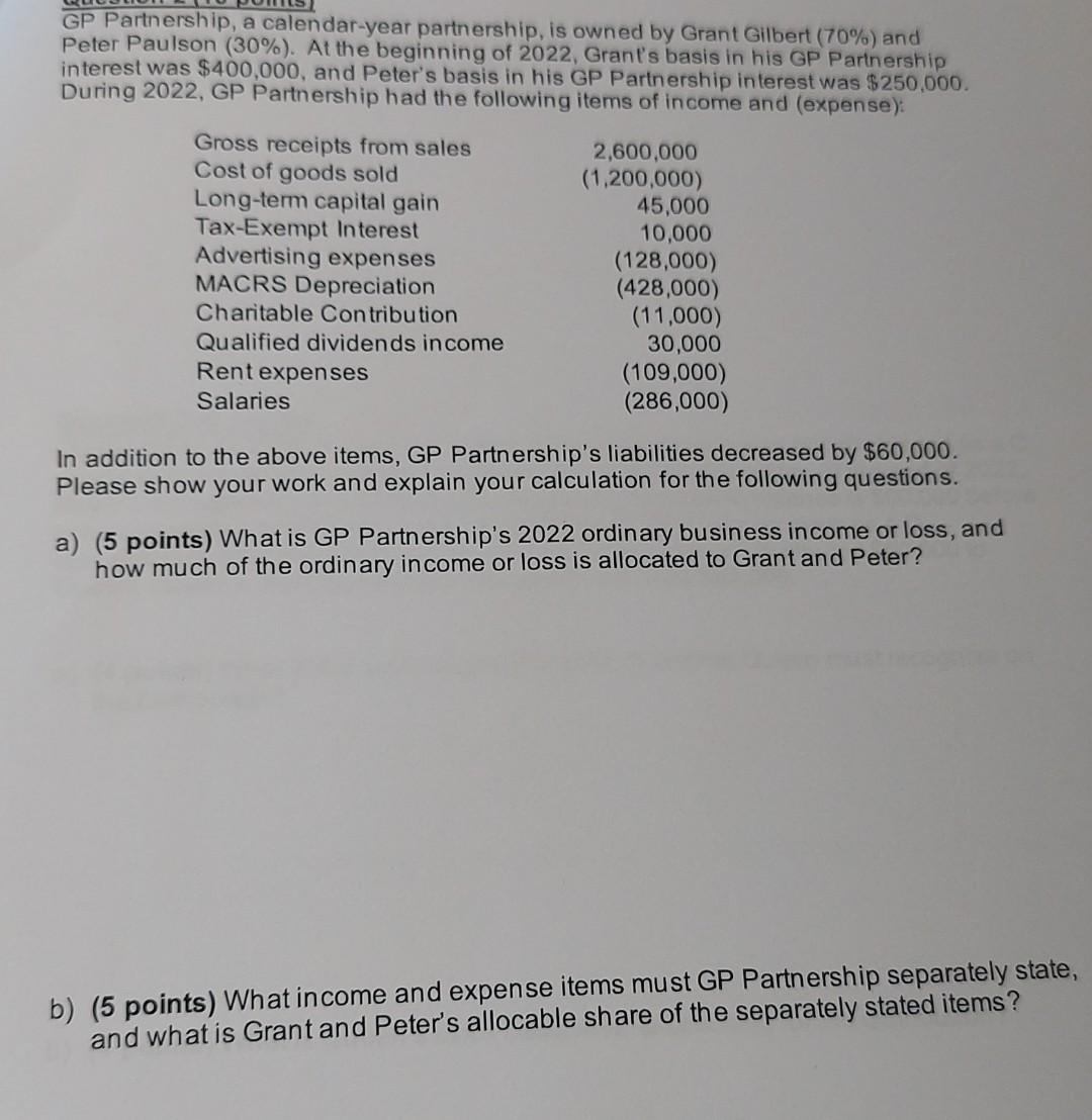 Solved GP Partnership, a calendar-year partnership, is owned | Chegg.com