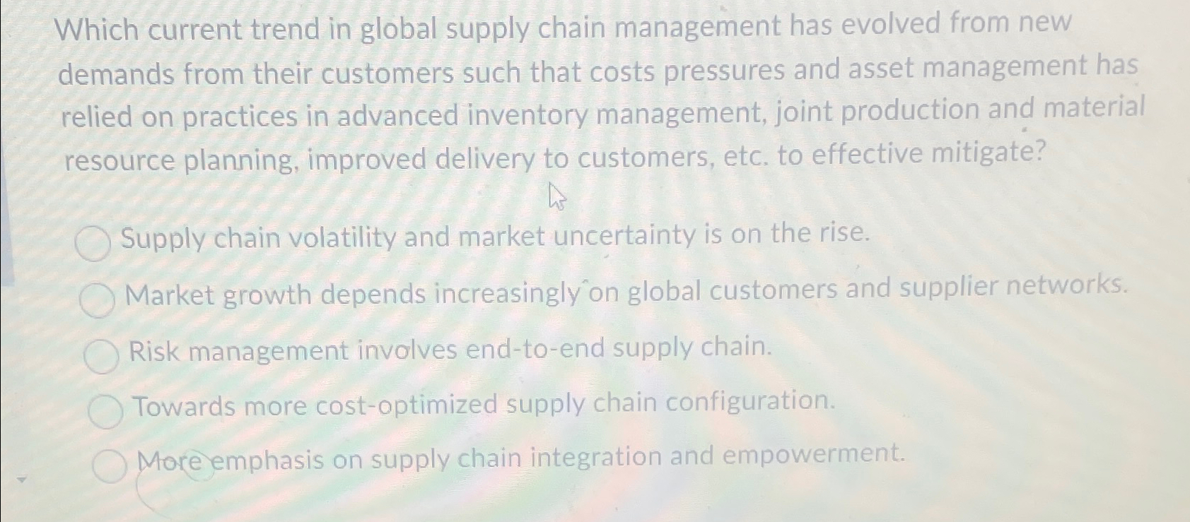 Solved Which current trend in global supply chain management | Chegg.com