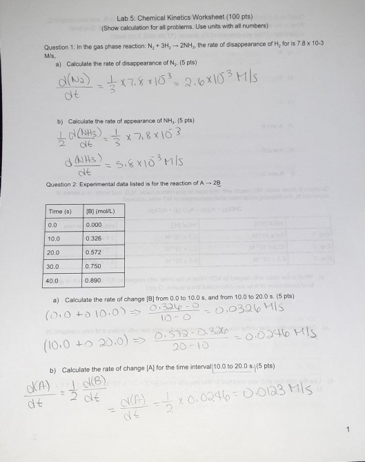 Solved Lab 5: Chemical Kinetics Worksheet (100 pts) (Show | Chegg.com