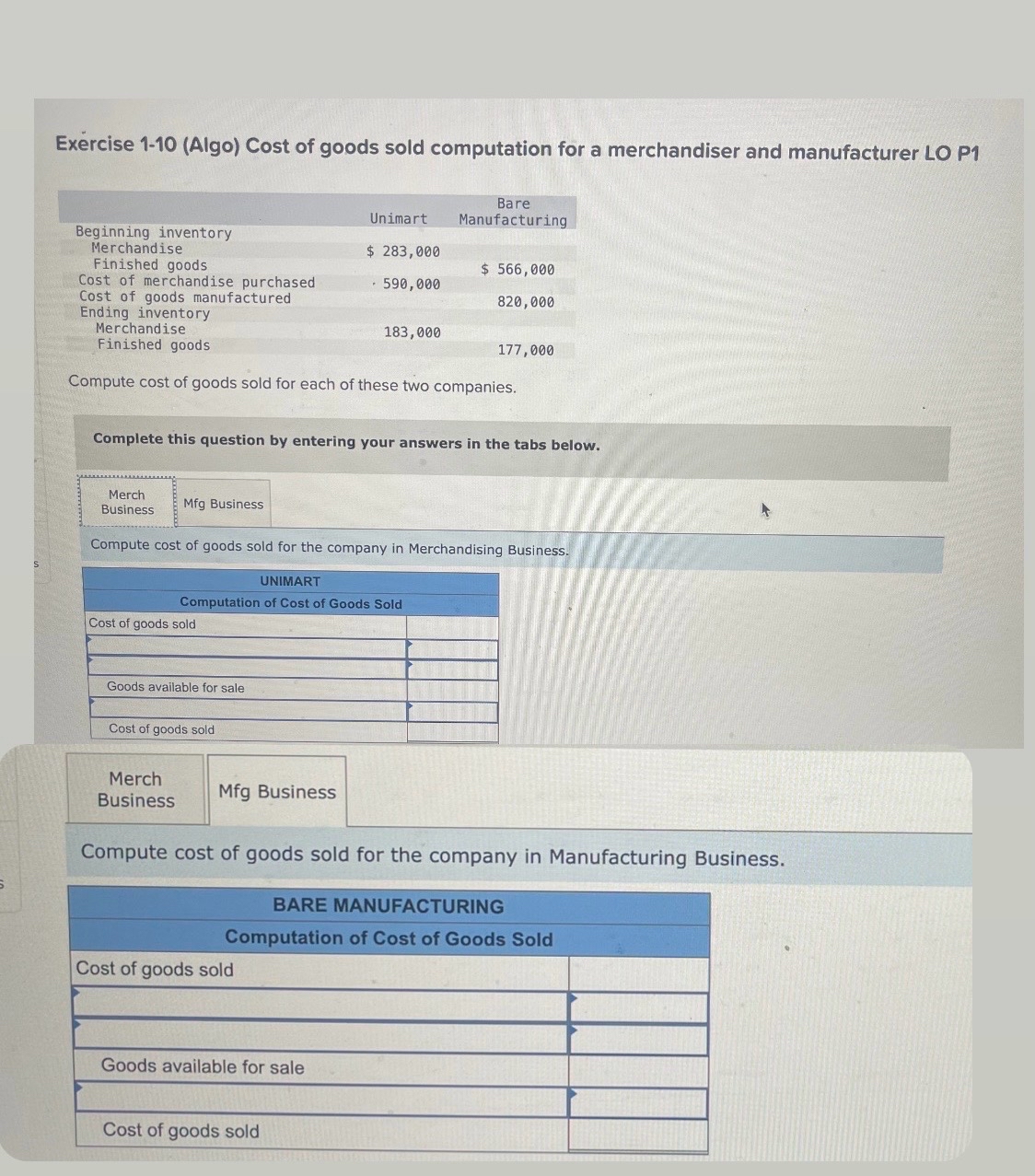 Solved Exercise 1-10 (Algo) ﻿Cost of goods sold computation | Chegg.com