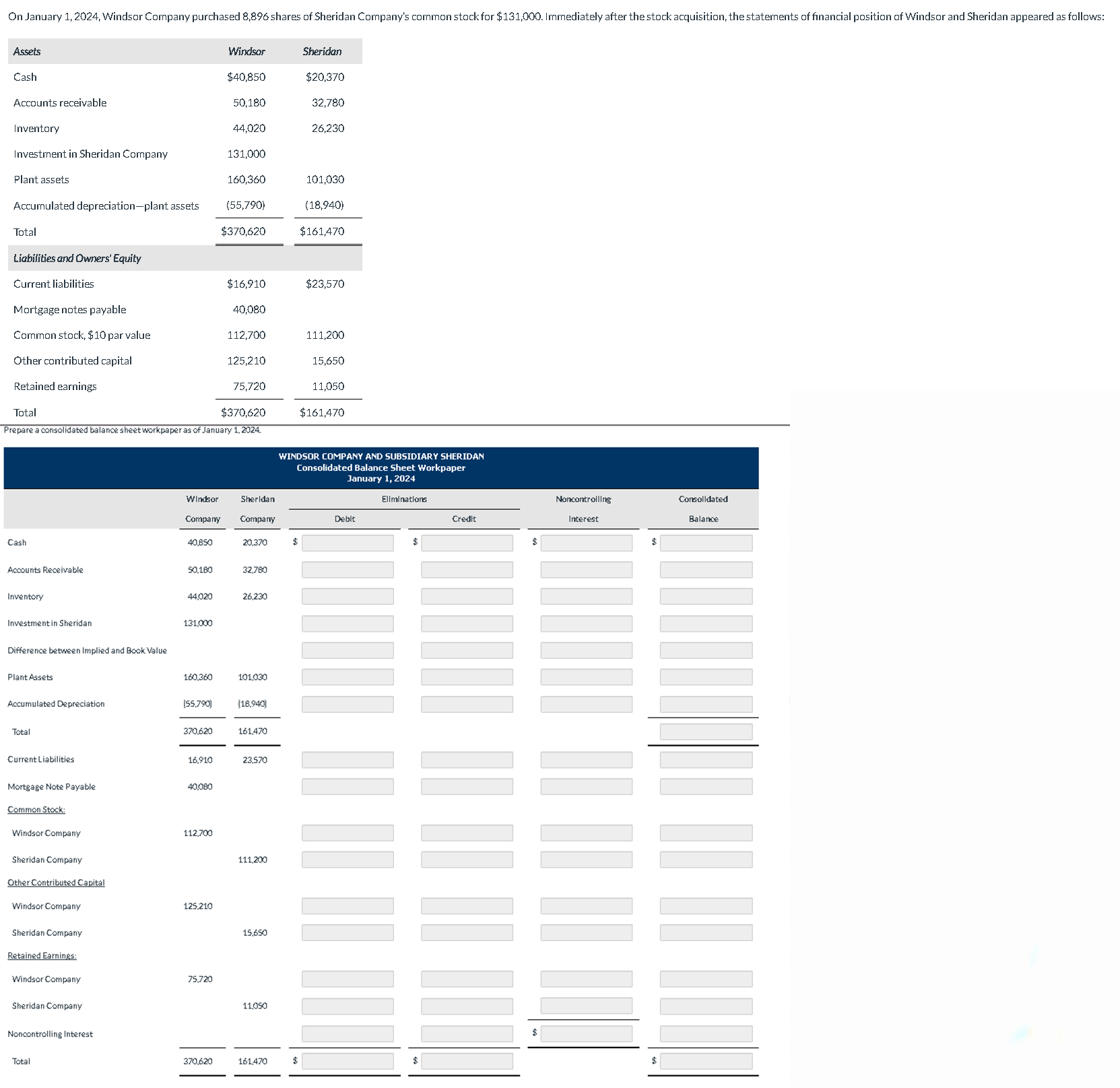 Prepare a consolidated balance sheet workpaper as of | Chegg.com