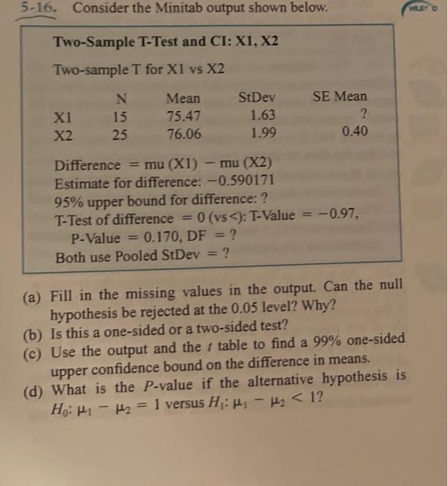 Solved 5-16. Consider the Minitab output shown below. WLEY | Chegg.com
