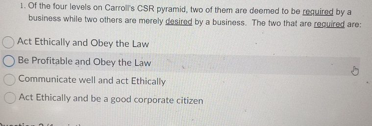 Solved Of the four levels on Carroll's CSR pyramid, two of | Chegg.com