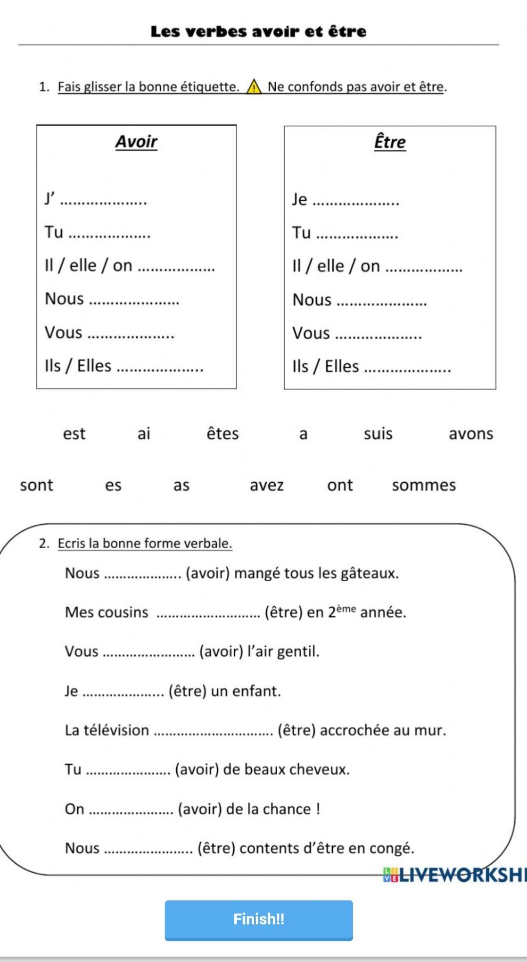 Les verbes avoir et être 1. Fais glisser la bonne | Chegg.com