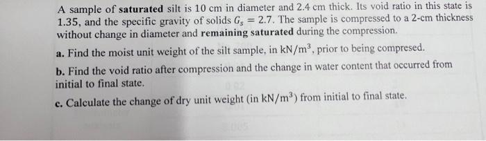 Solved A sample of saturated silt is 10 cm in diameter and | Chegg.com