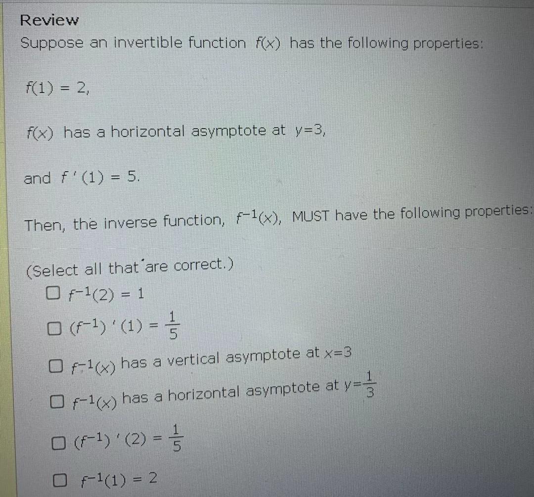 Solved Review Suppose an invertible function f(x) has the | Chegg.com