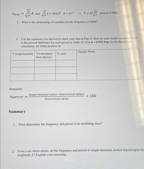 Solved vmax=mkA and mkA=2πA/TA=πr2→T=2πkm period of SHM 5. | Chegg.com