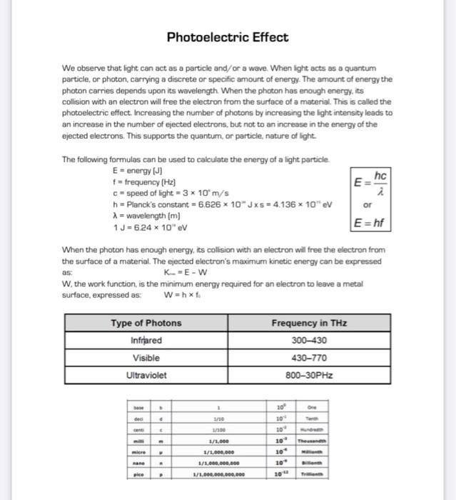 Solved Photoelectric Effect Questions 1. Calculate the | Chegg.com