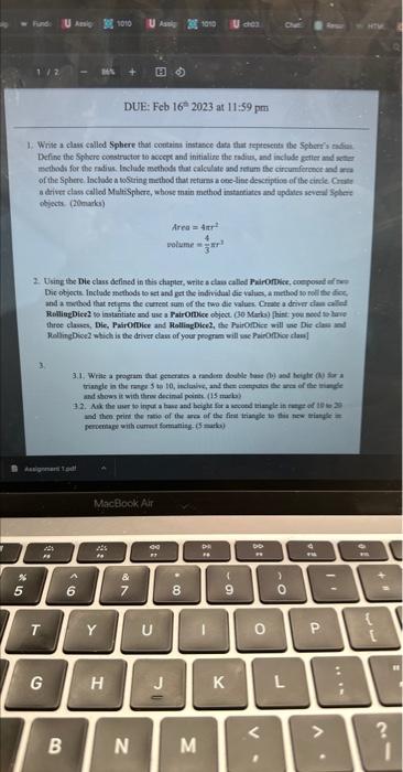Solved 1. Write a class called Spbere that contains instance | Chegg.com