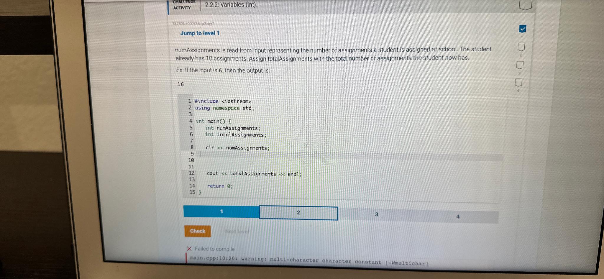 Solved ACTIVITY2.2.2. ﻿Variables (int)Jump to level | Chegg.com