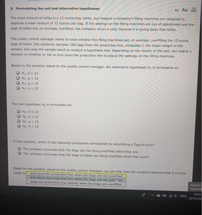 Solved 9. Formulating the null and alternative hypotheses Aa | Chegg.com