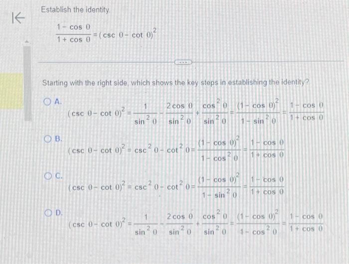 Solved K Establish the identity. 1- cos 0 1 + cos 0 OB. | Chegg.com