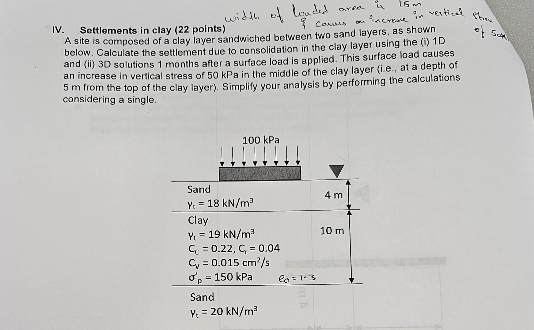 Solved IV. ﻿Settlements in clay ( 22 ﻿points)width of loaded | Chegg.com