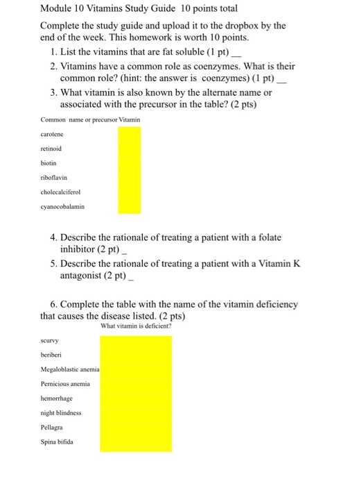 Solved Module 10 Vitamins Study Guide 10 points total | Chegg.com