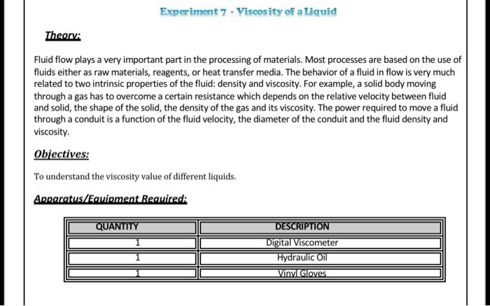 Solved Experiment 7 - Viscosity of a liquid Theory: Fluid | Chegg.com