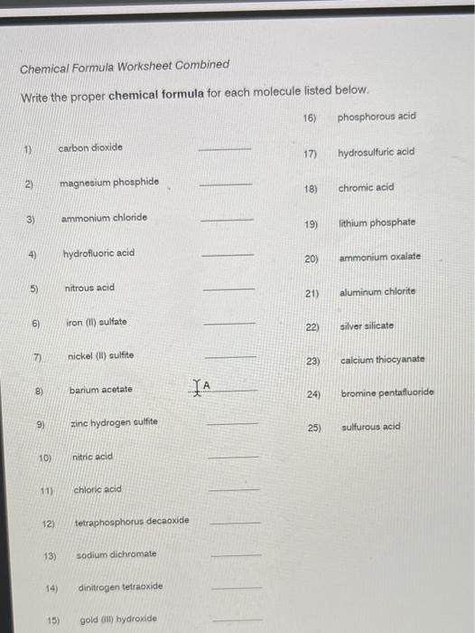 Solved Chemical Formula Worksheet Combined Write the proper | Chegg.com