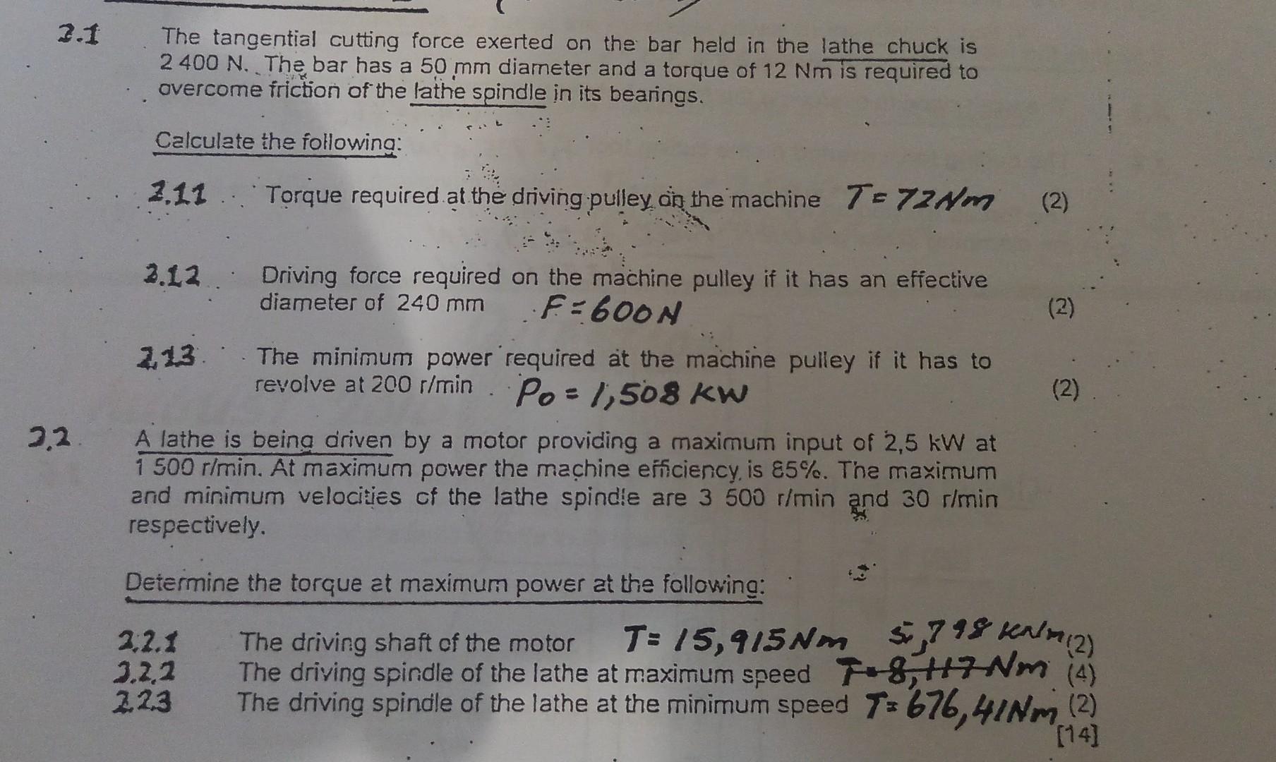 Solved 2.1 The tangential cutting force exerted on the bar | Chegg.com