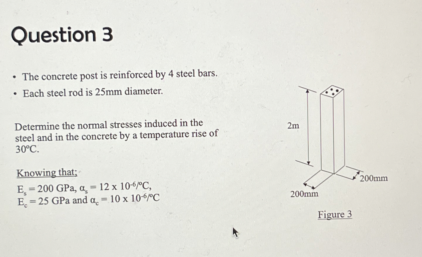 Solved Question 3The concrete post is reinforced by 4 ﻿steel | Chegg.com